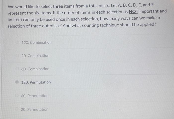 Solved We would like to select three items from a total of | Chegg.com