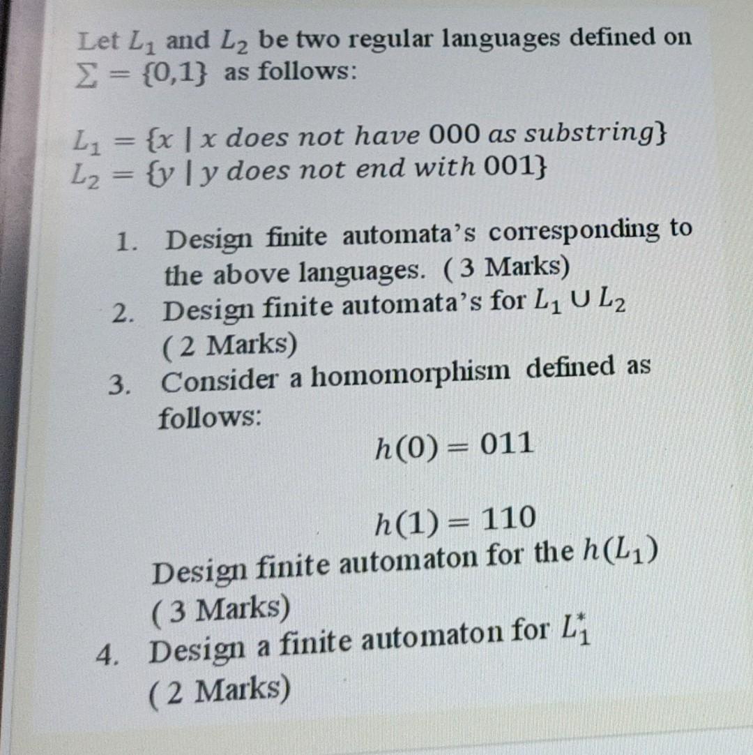 Solved Let L1 and L2 be two regular languages defined on = | Chegg.com