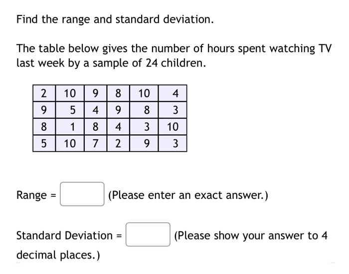 Solved Find the range and standard deviation. The table | Chegg.com
