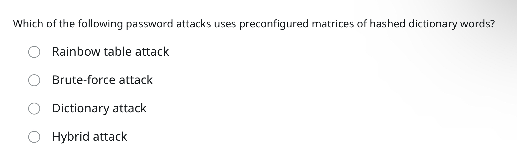 Solved Which of the following password attacks uses | Chegg.com