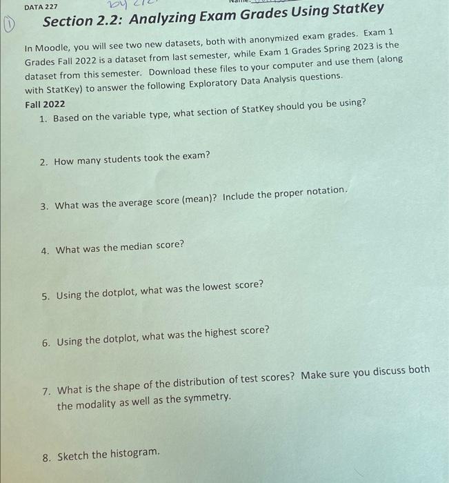 Section 2.2: Analyzing Exam Grades Using StatKey In | Chegg.com