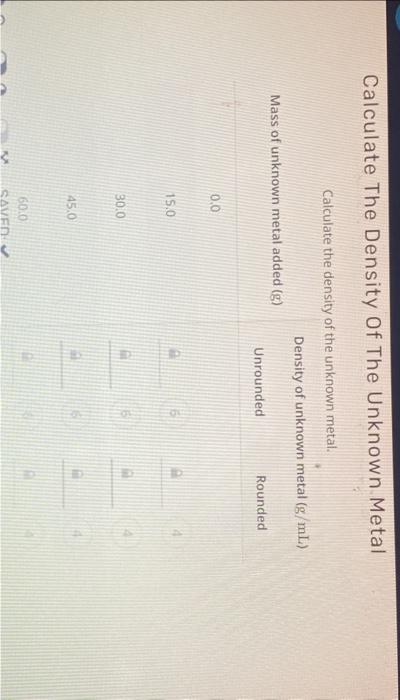 Table 3.6: Mass and Volume of the Unknown Metal Mass | Chegg.com