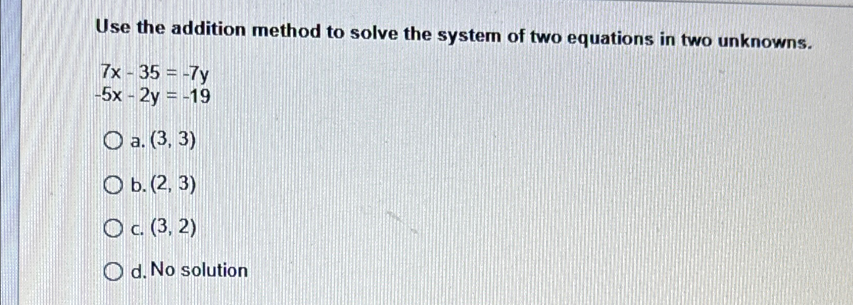 Solved Use the addition method to solve the system of two | Chegg.com