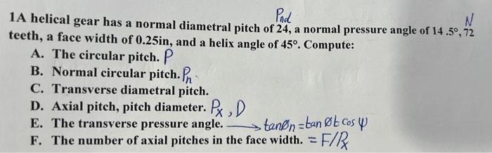 Solved a Pad N 1A helical gear has a normal diametral pitch | Chegg.com