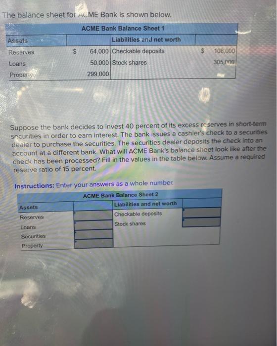 Solved The balance sheet for ACME Bank is shown below. | Chegg.com