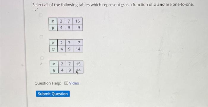 Solved Select all of the following tables which represent y | Chegg.com