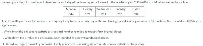 Solved Following are the total numbers of absences on each | Chegg.com