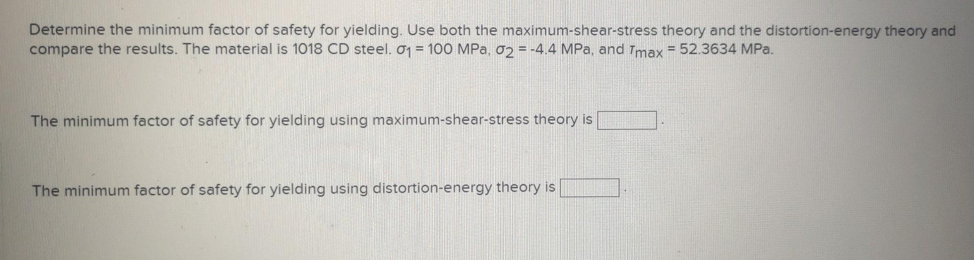Solved Determine the minimum factor of safety for yielding. | Chegg.com