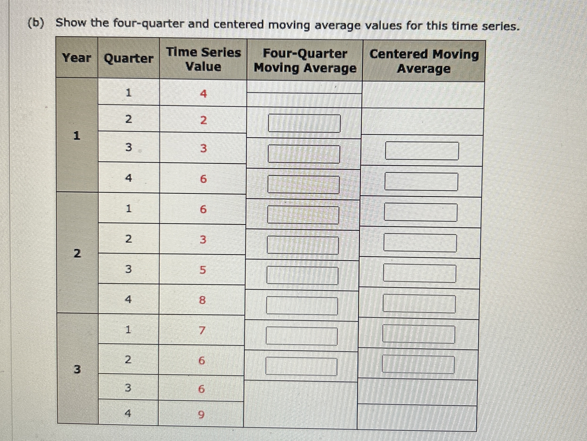 Solved (b) ﻿Show the four-quarter and centered moving | Chegg.com