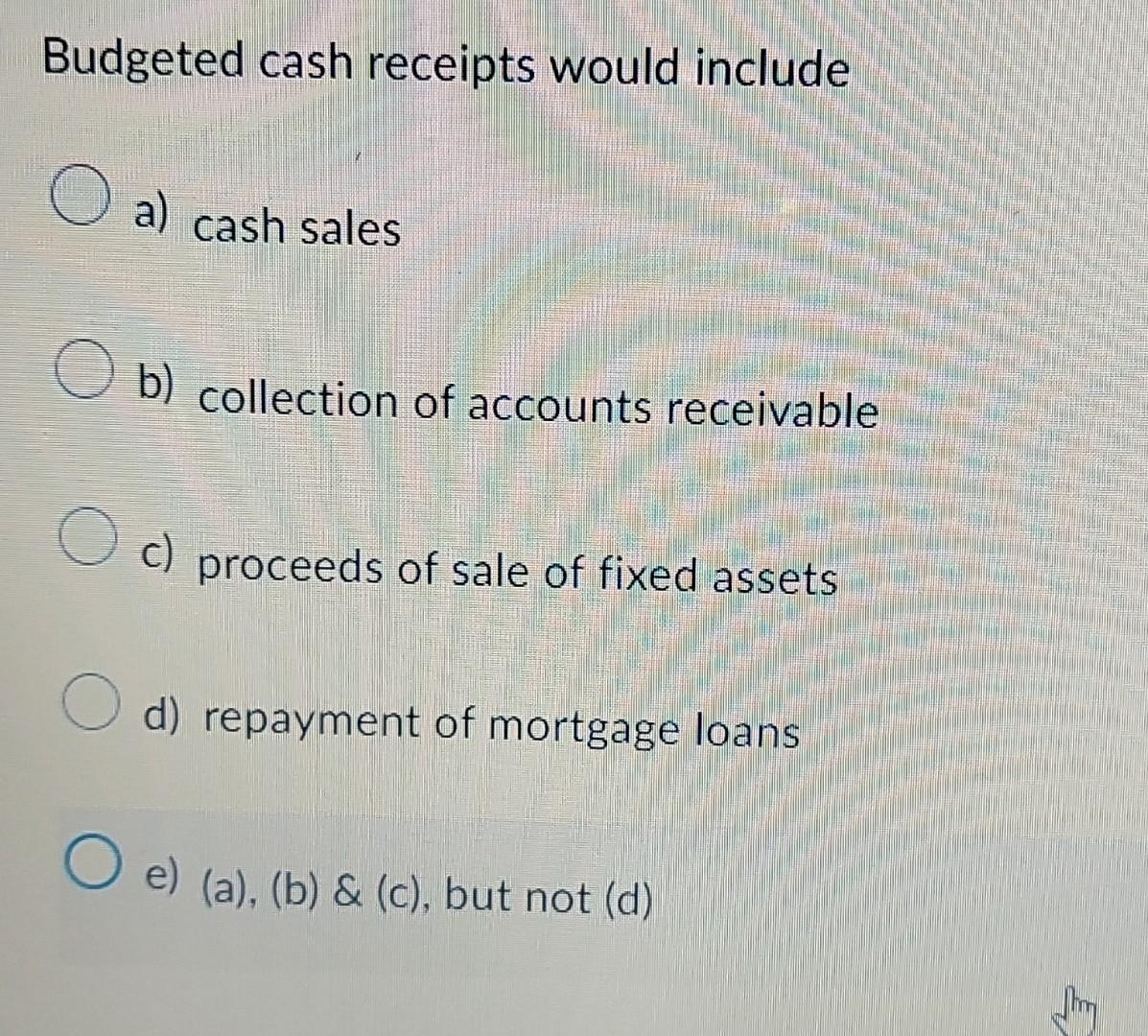 Solved Budgeted cash receipts would include a) cash sales b) | Chegg.com