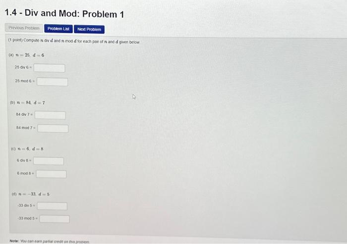 Solved (1 point) Compute n div d and n mod d lot each par of | Chegg.com