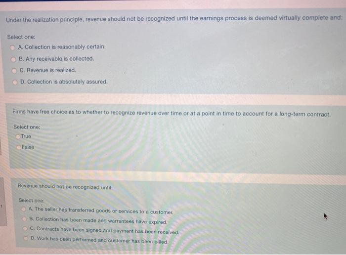 Solved Under the realization principle, revenue should not | Chegg.com