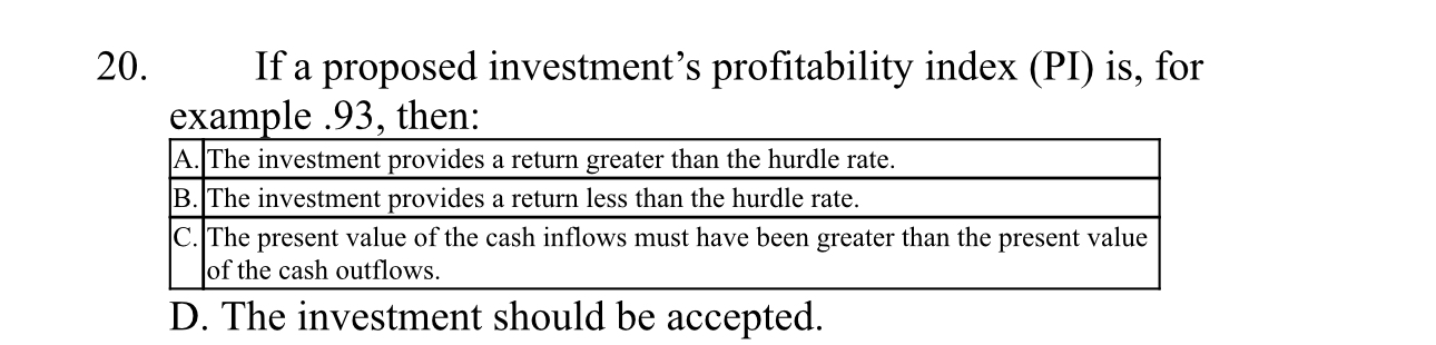 Solved If a proposed investment's profitability index (PI) | Chegg.com