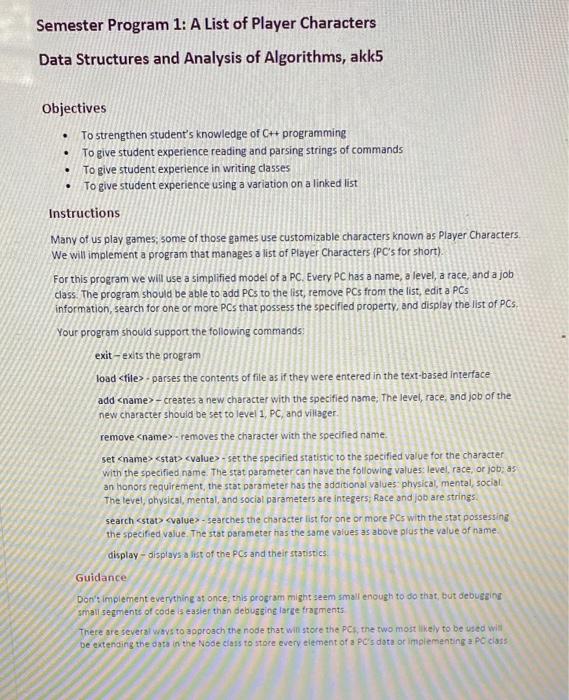 Solved Semester Program 1: A List of Player Characters Data | Chegg.com