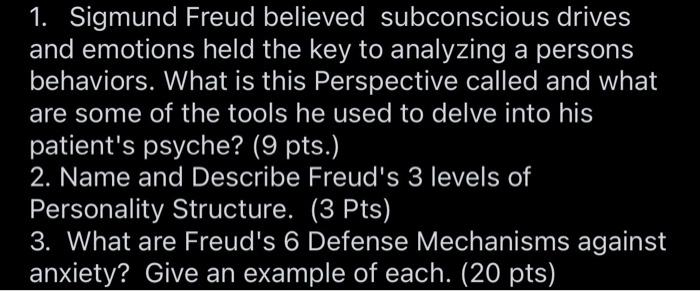 Solved 1. Sigmund Freud believed subconscious drives and | Chegg.com