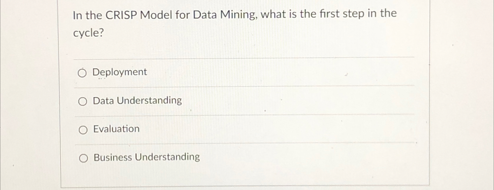Solved In the CRISP Model for Data Mining, what is the first | Chegg.com