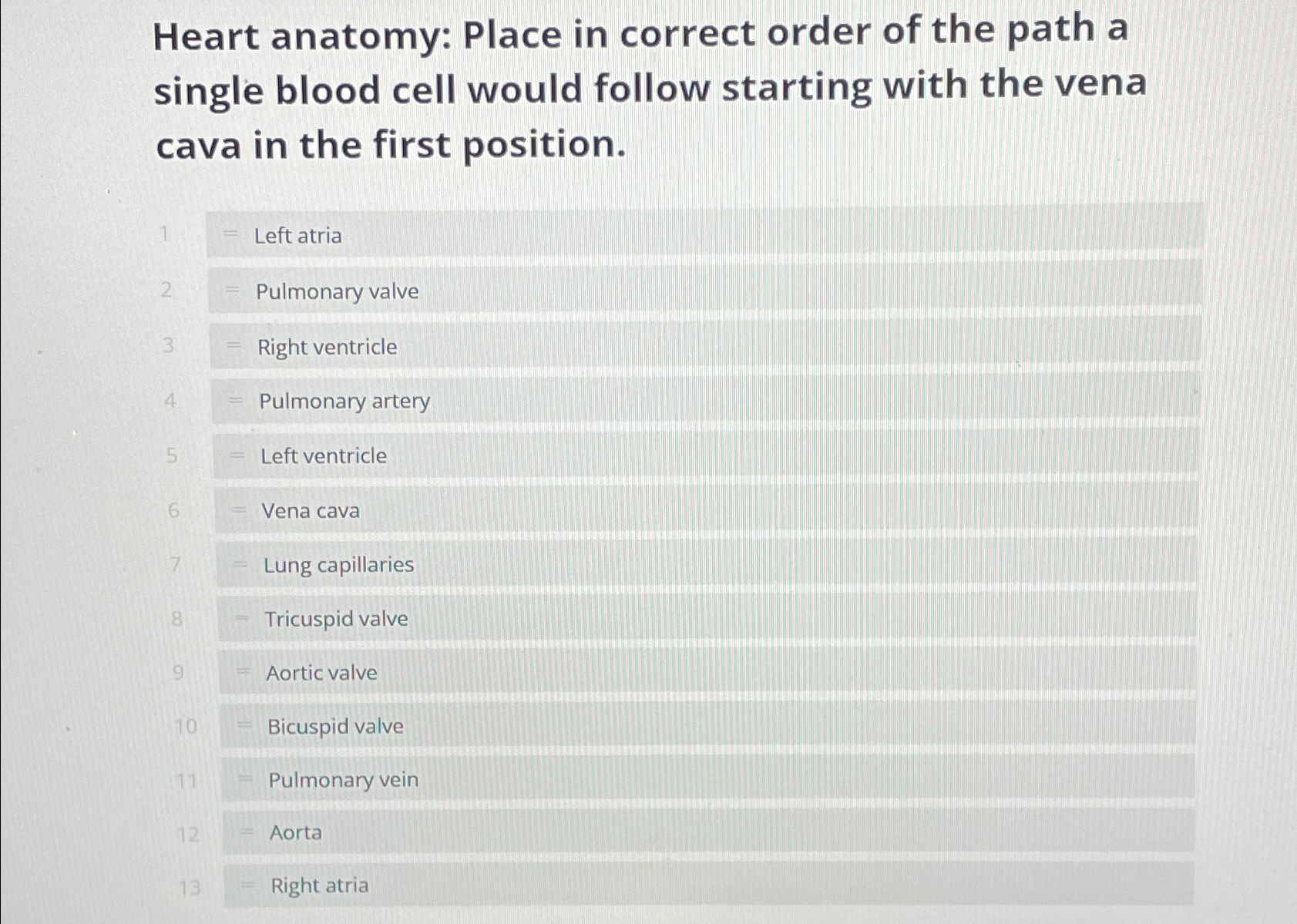 Solved Heart anatomy: Place in correct order of the path a | Chegg.com