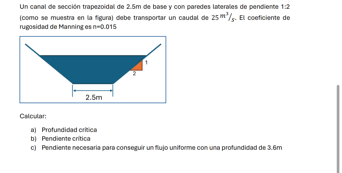 Solved Un canal de sección trapezoidal de 2.5m ﻿de base y | Chegg.com