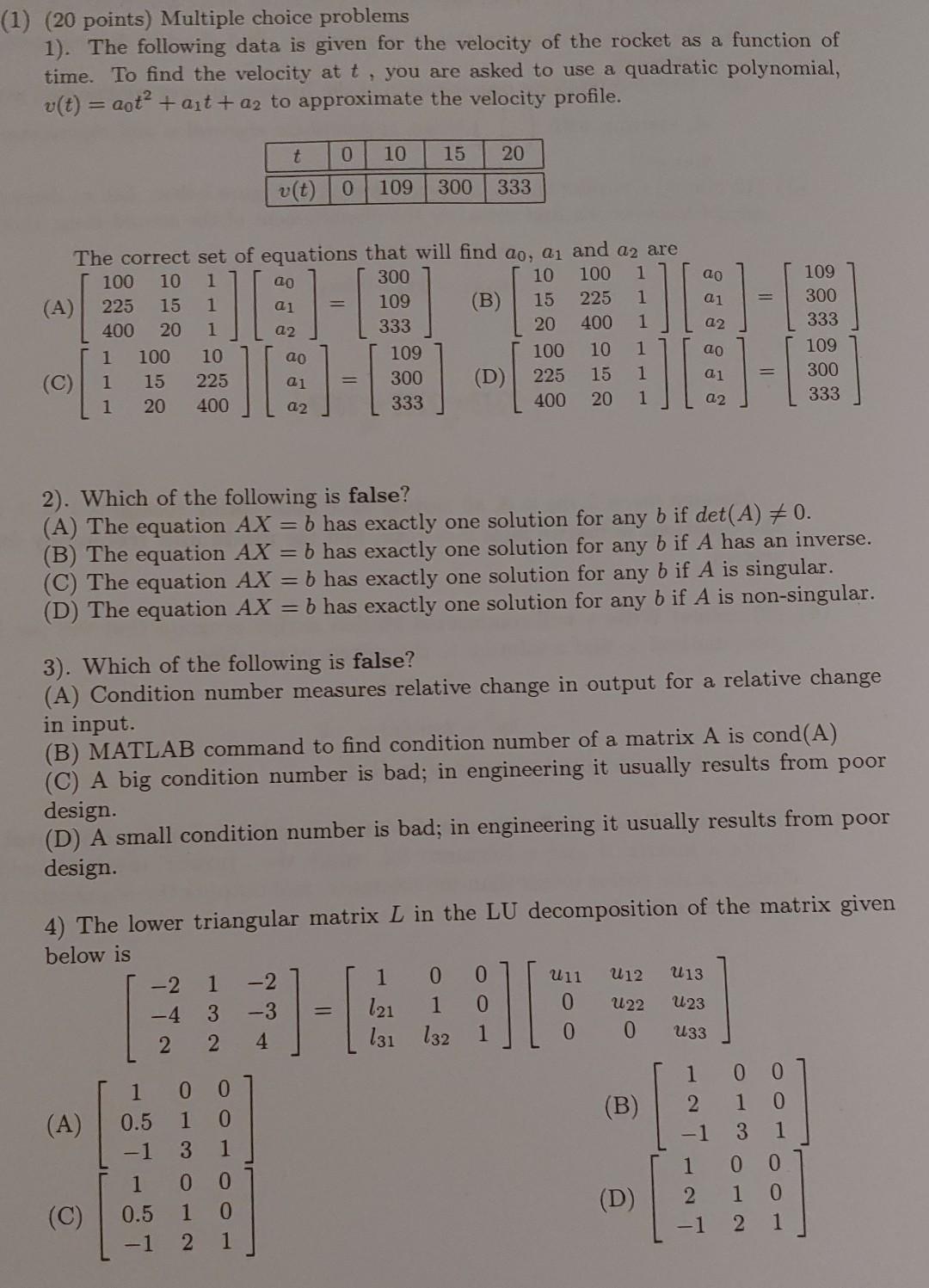 Solved (1) (20 points) Multiple choice problems 1). The | Chegg.com