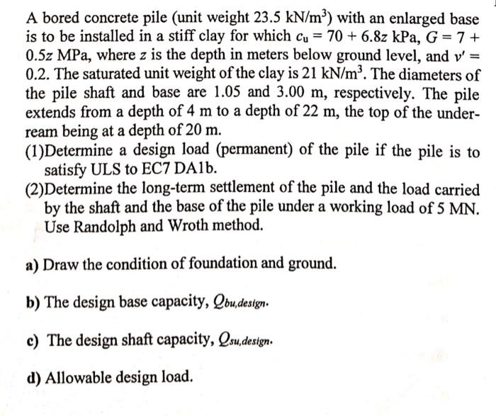 Solved A bored concrete pile (unit weight 23.5kN/m3 ) with | Chegg.com