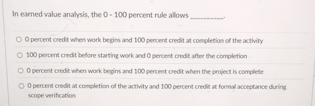 Solved In earned value analysis, the 0-100 ﻿percent rule | Chegg.com