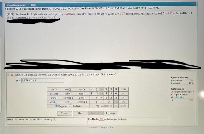 Solved (13\\%) Problem 5: Light with a wavelength of \\( | Chegg.com