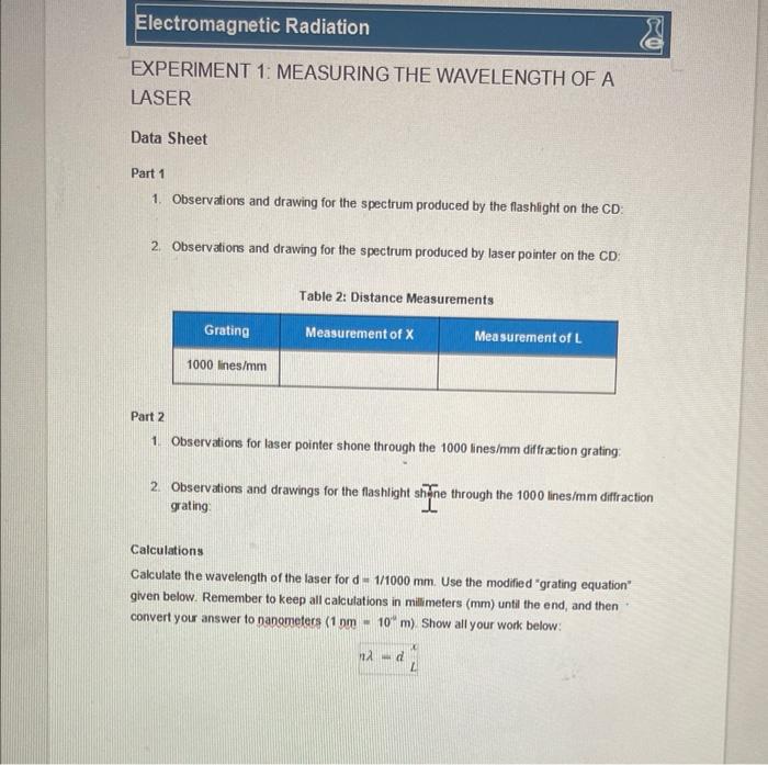 Solved Electromagnetic Radiation EXPERIMENT 1: MEASURING THE | Chegg.com