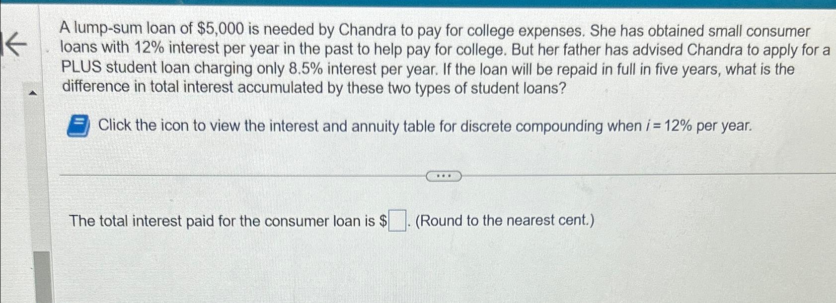 Solved A lump-sum loan of $5,000 ﻿is needed by Chandra to | Chegg.com