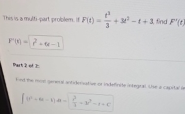 Solved This is a multi-part problem. If F(t)=t33+3t2-t+3, | Chegg.com
