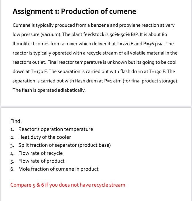 Solved Assignment 1: Production of cumene Cumene is | Chegg.com