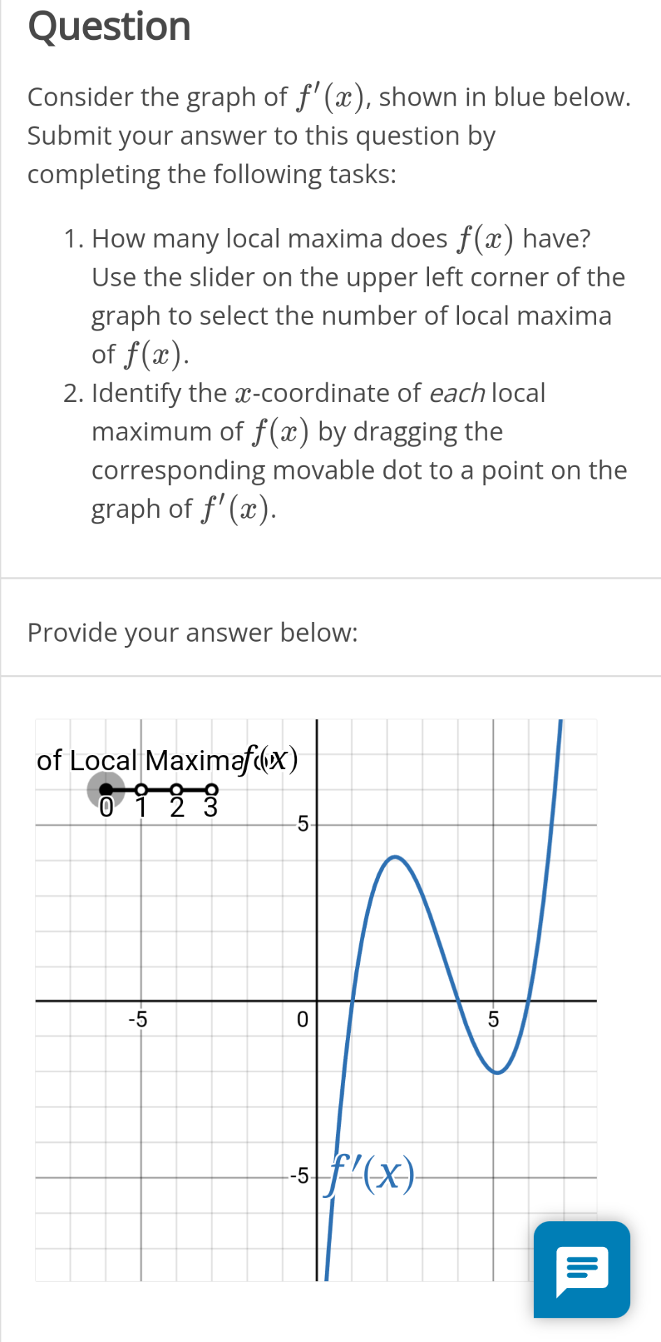 Solved QuestionConsider the graph of f'(x), ﻿shown in blue | Chegg.com