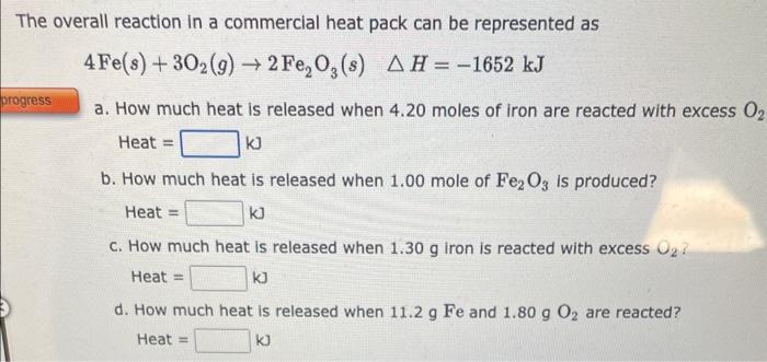 Solved The overall reaction in a commercial heat pack can be | Chegg.com