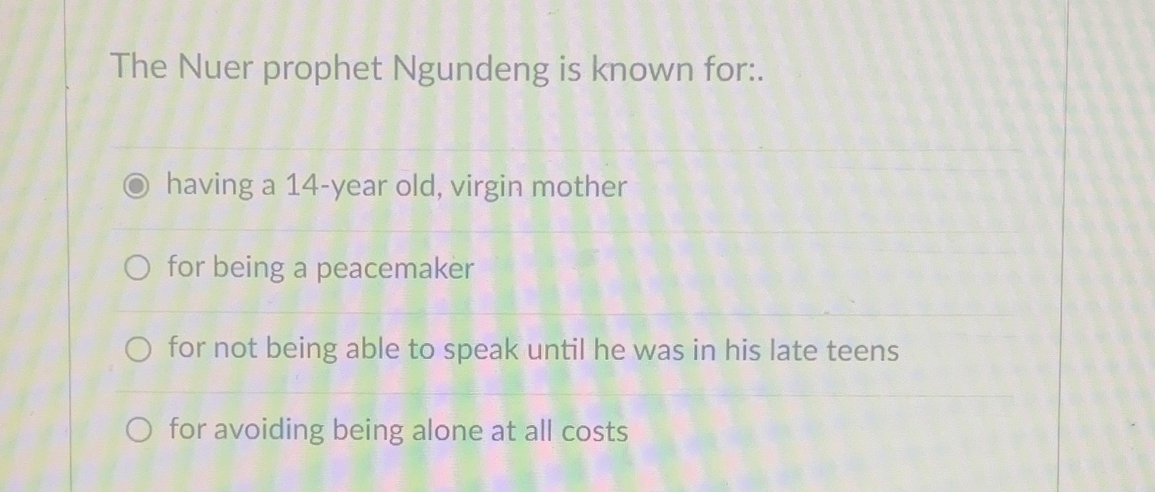 Solved The Nuer prophet Ngundeng is known for:.having a | Chegg.com