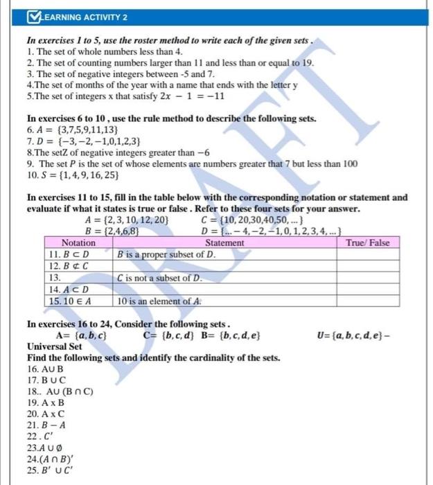 Solved LEARNING ACTIVITY 2 In exercises 1 to 5, use the | Chegg.com
