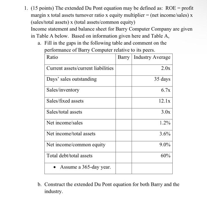 Solved 1. (15 points) The extended Du Pont equation may be | Chegg.com