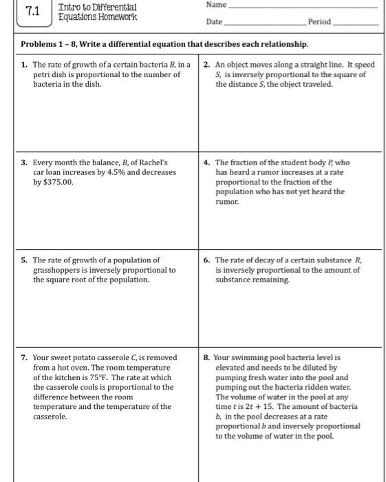 Solved Name 7.1 Intro to Differential Equations Homework | Chegg.com