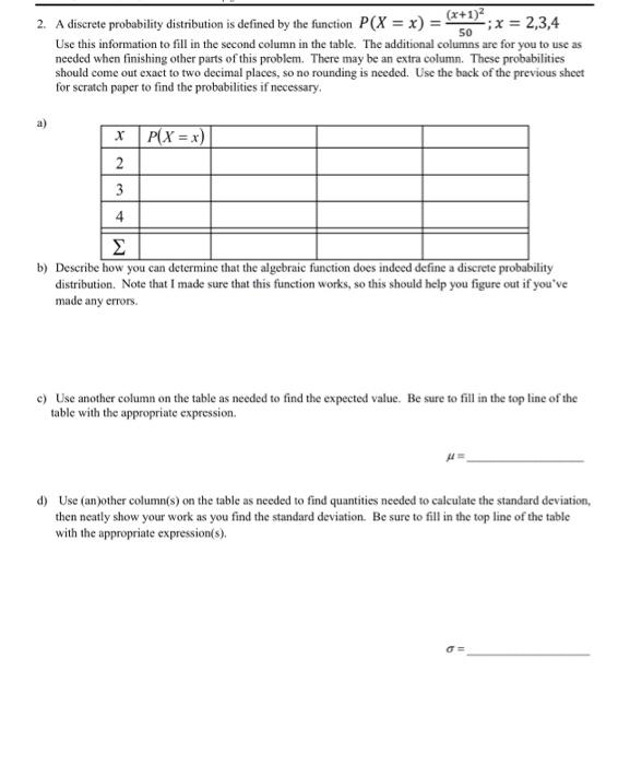 Solved 2. A discrete probability distribution is defined by | Chegg.com