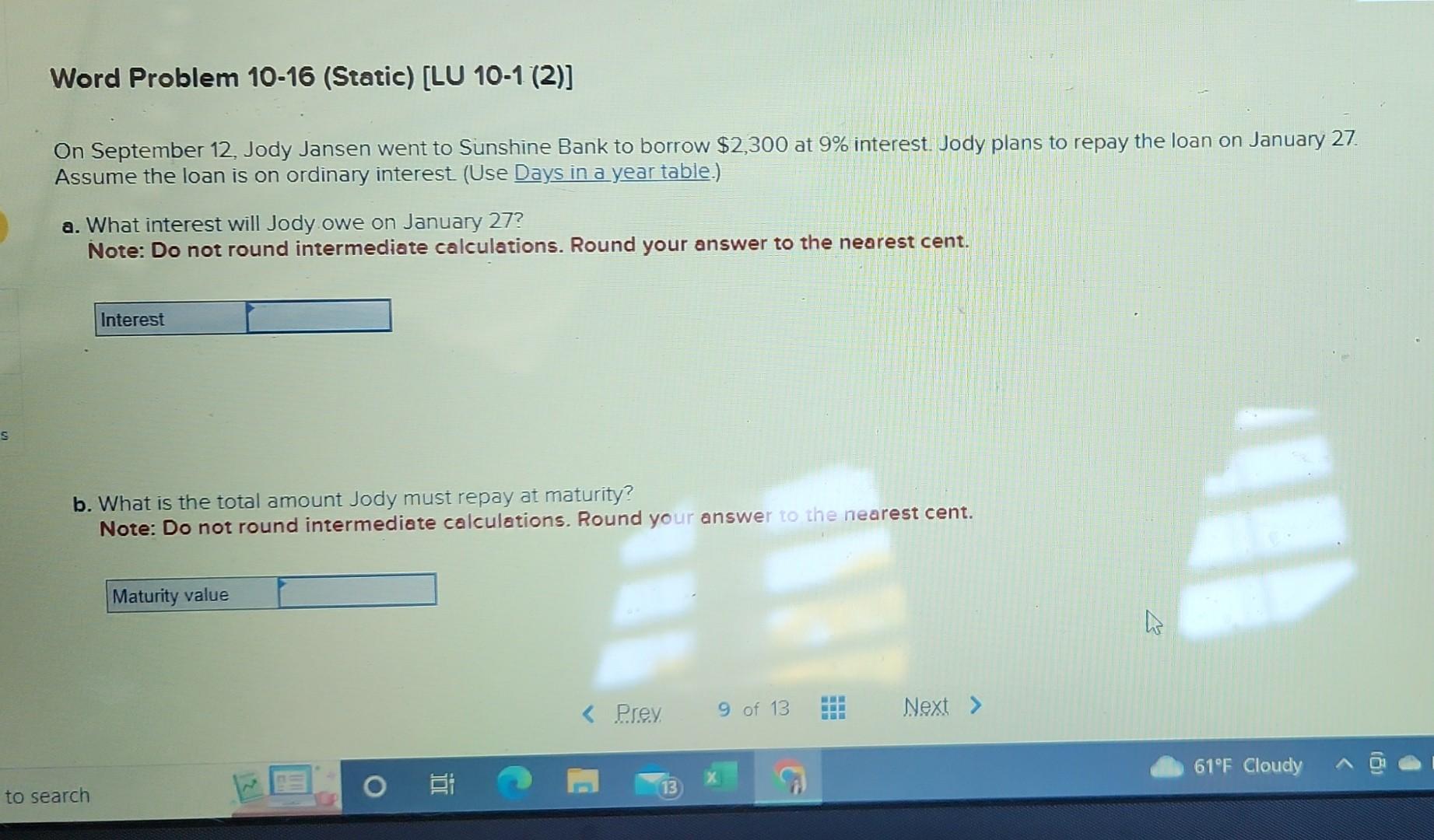 Solved On September 12 , Jody Jansen went to Sunshine Bank | Chegg.com