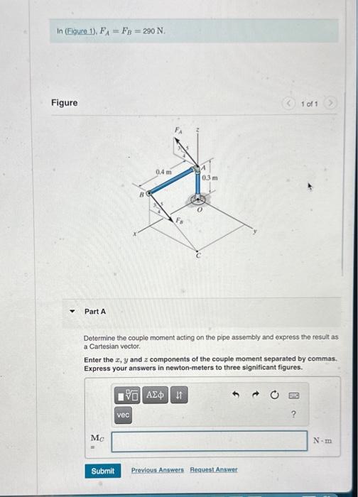 Solved ure 1), FA=FB=290 N. Part A Determine the couple | Chegg.com