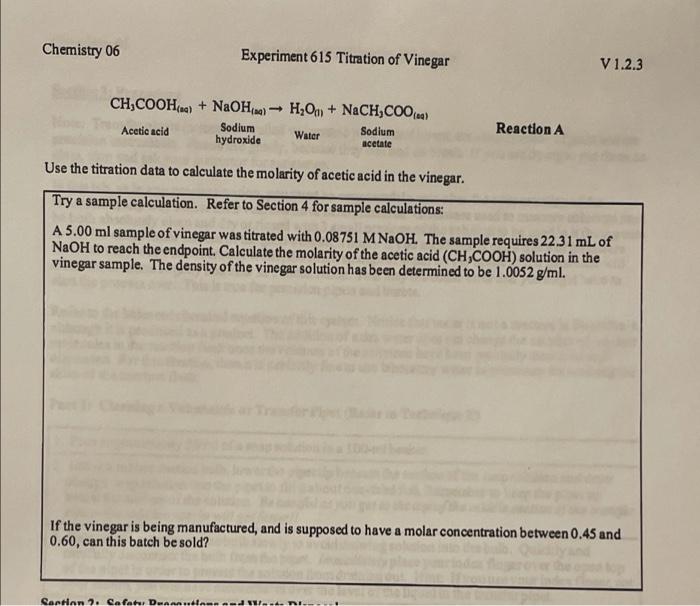 Solved Chemistry 06 Experiment 615 Titration of Vinegar | Chegg.com