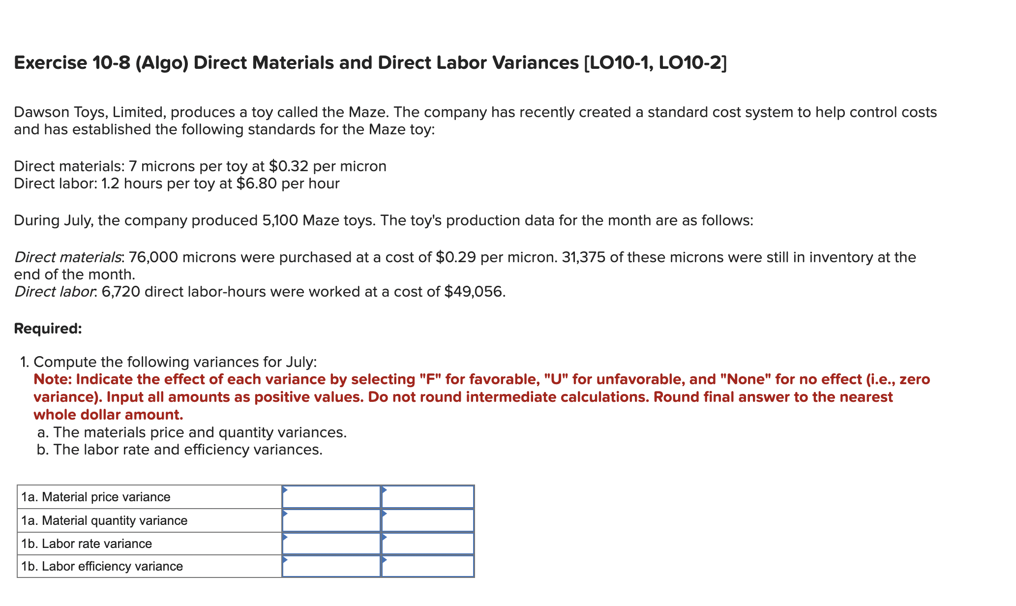 Solved Exercise 10-1 (Algo) ﻿Direct Materials Variances | Chegg.com