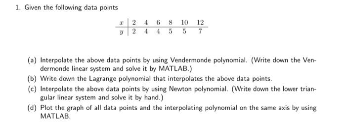 1. Given the following data points 2 4 6 8 10 12 y 2 | Chegg.com