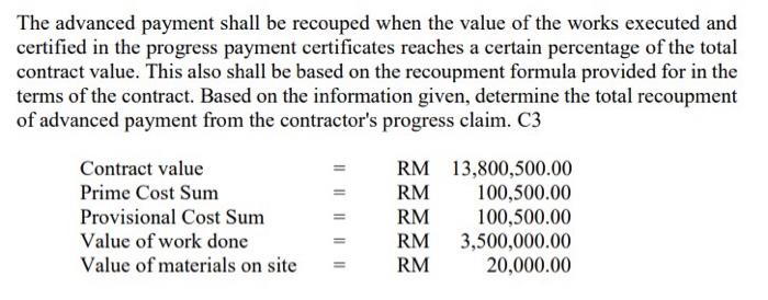 Solved The advanced payment shall be recouped when the value | Chegg.com