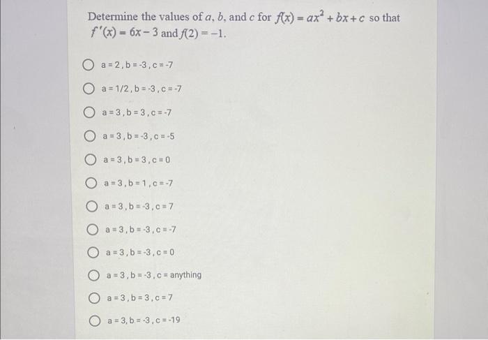 Solved Determine the values of a,b, and c for f(x)=ax2+bx+c | Chegg.com