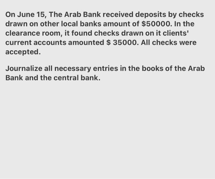 Solved On June 15, The Arab Bank received deposits by checks | Chegg.com