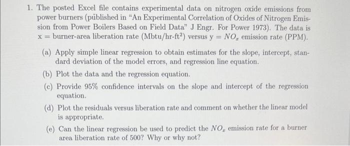 Solved 1. The posted Excel file contains experimental data | Chegg.com