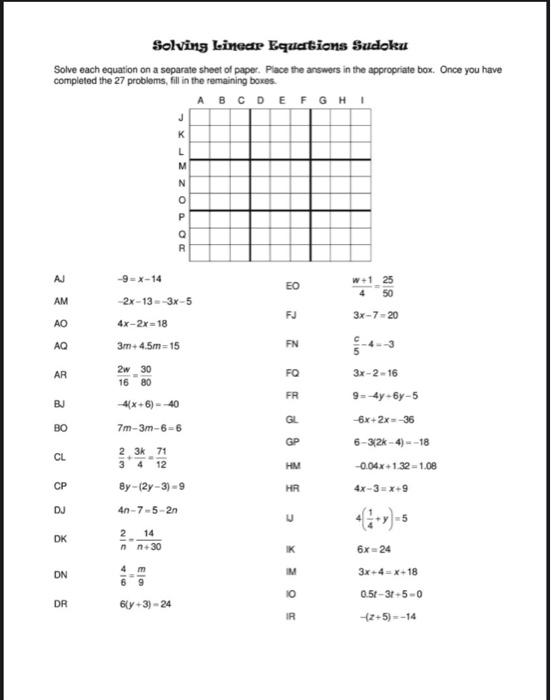 Solved Solving Linear Equations Sudoku Solve each equation | Chegg.com