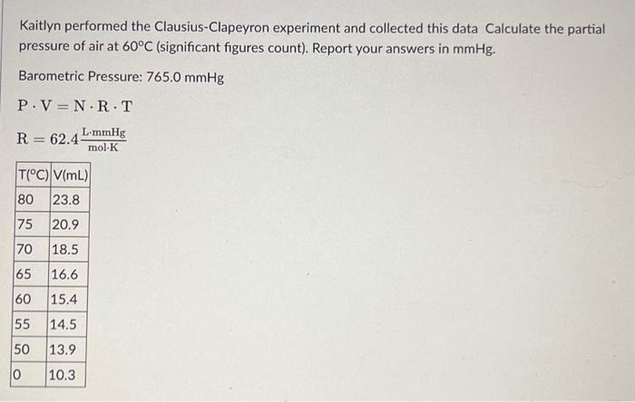 Solved Kaitlyn performed the Clausius-Clapeyron experiment | Chegg.com