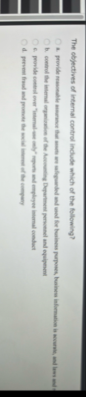 Solved The objectives of internal control include which of | Chegg.com