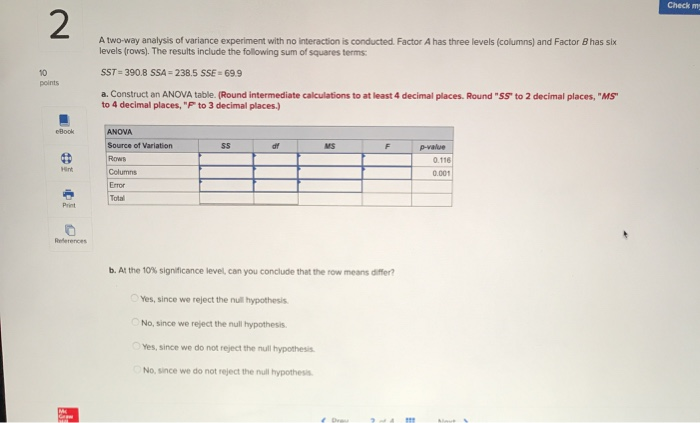 Solved Checkm 2 10 points A two-way analysis of variance | Chegg.com